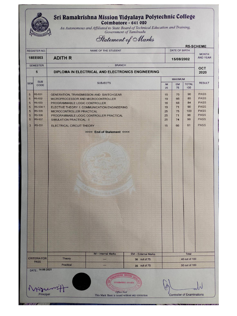 Semester - 5 Mark Sheet | PDF