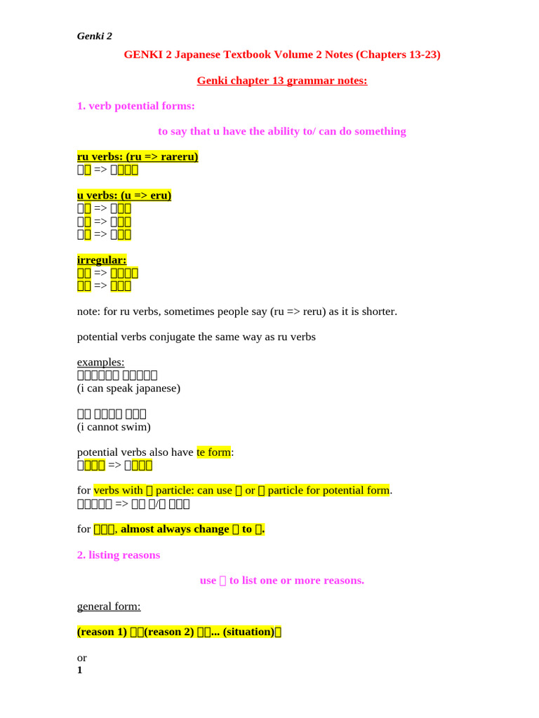 GENKI 2 Japanese Textbook Volume 2 Notes | PDF | Verb | Subject (Grammar)