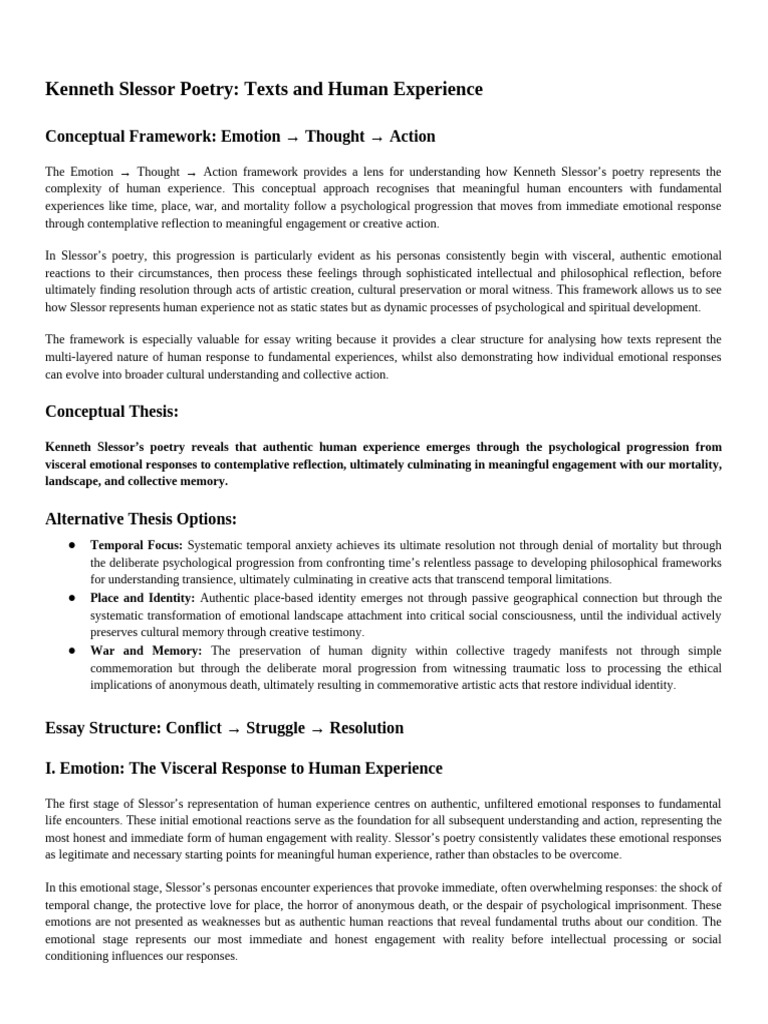 Kenneth Slessor Poetry - Texts and Human Experience | PDF | Experience ...