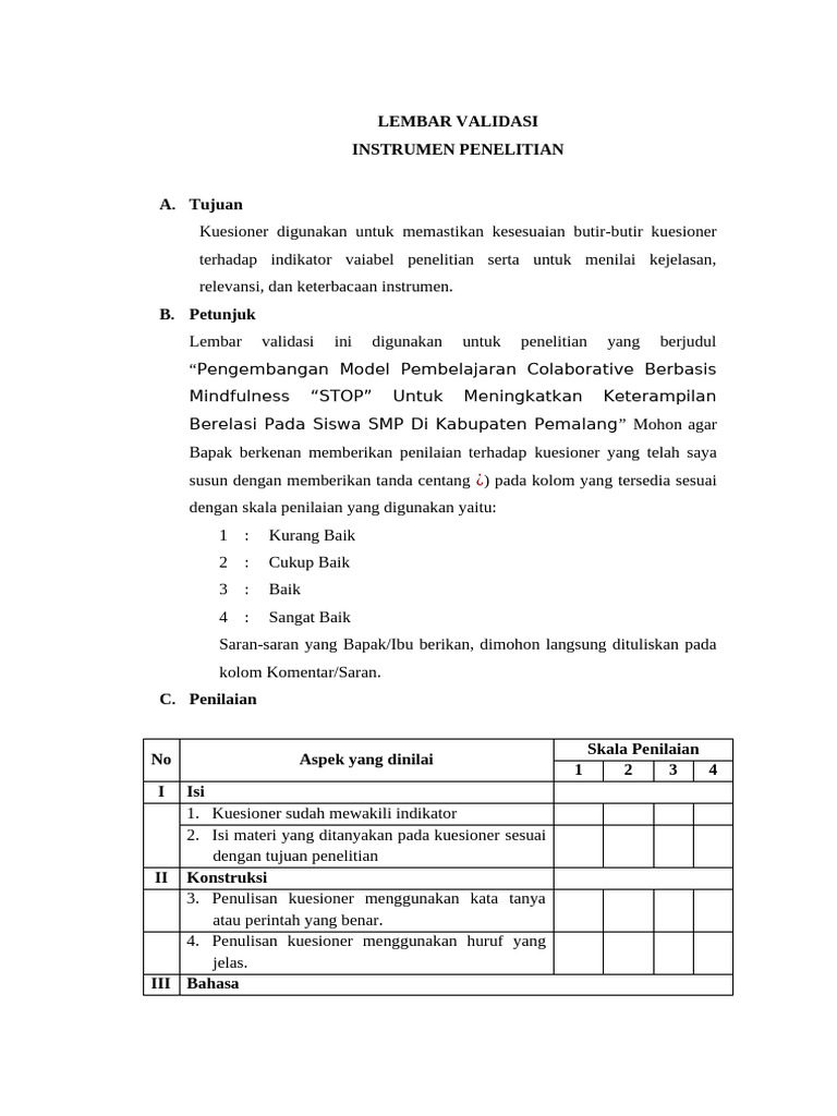 Lembar Validasi Kuesioner Penelitian Kualitatif | PDF