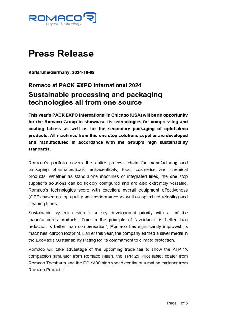 Press-Release EN PACKEXPO Romaco 2024-10-08 | PDF | Tablet (Pharmacy)