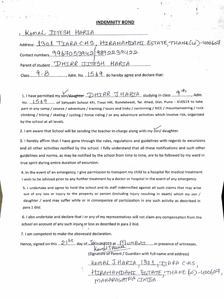 Excursion Indemnity Form 2023 | PDF