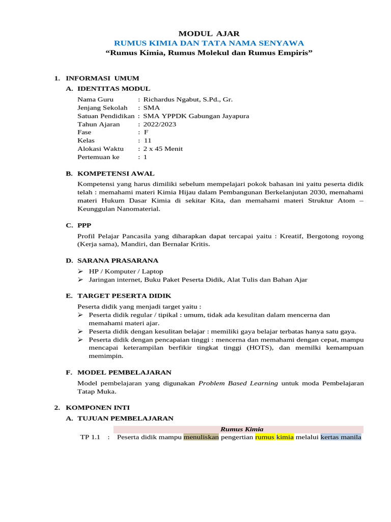Modul Ajar - Rumus Kimia | PDF