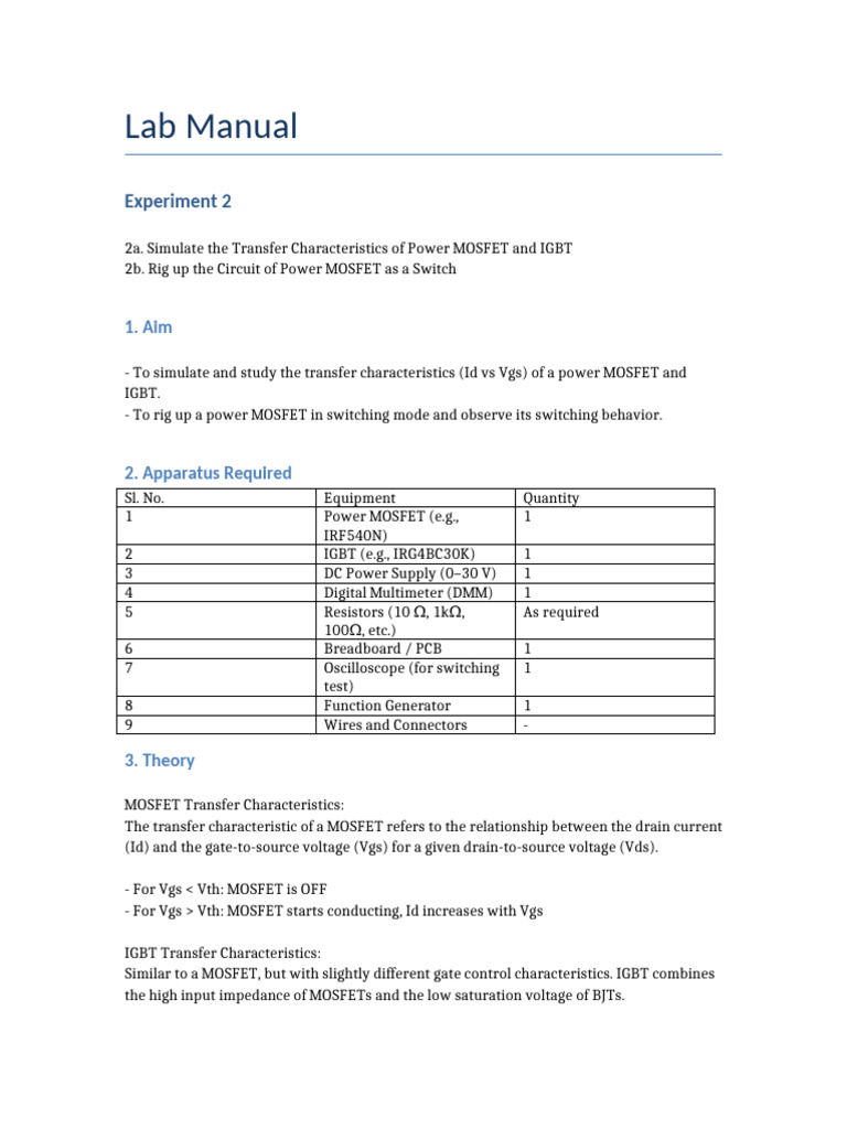 Lab Manual Power Mosfet Igbt | PDF | Mosfet | Field Effect Transistor