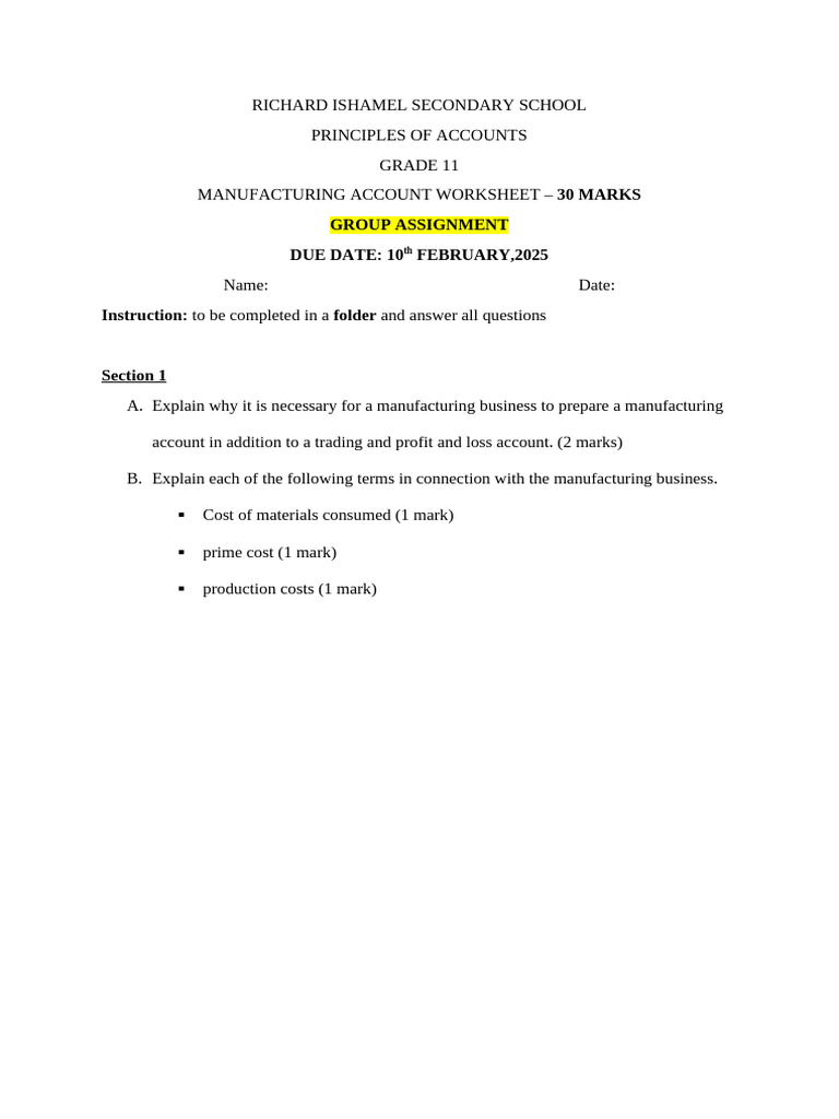 MANUFACTURING ACCOUNT WORKSHEET - Student | PDF