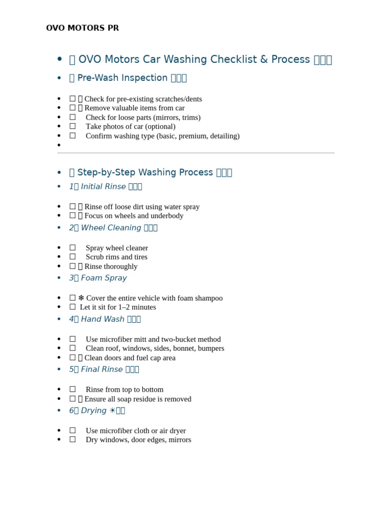 OVO Motors Car Washing Checklist & Process : Pre-Wash Inspection | PDF