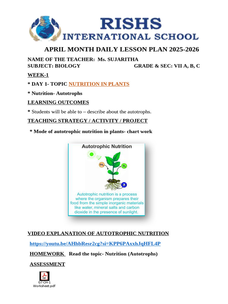 April 2025-2026 Biology Lesson Plan | PDF | Photosynthesis | Nutrition