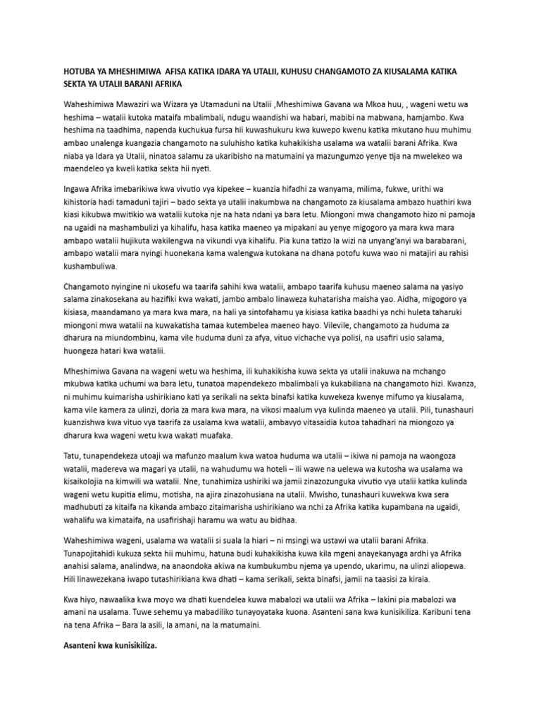 Hotuba Ya Mheshimiwa Afisa Katika Idara Ya Utalii | PDF