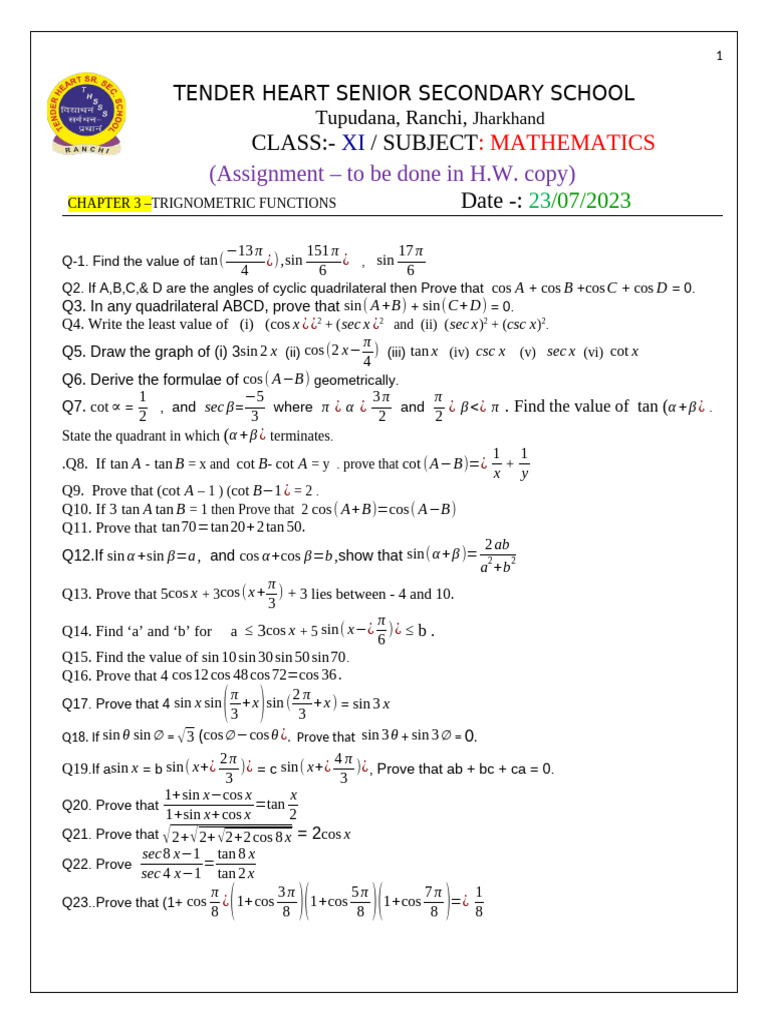 Class 11 Trigonometry Assignment | PDF | Elementary Geometry ...
