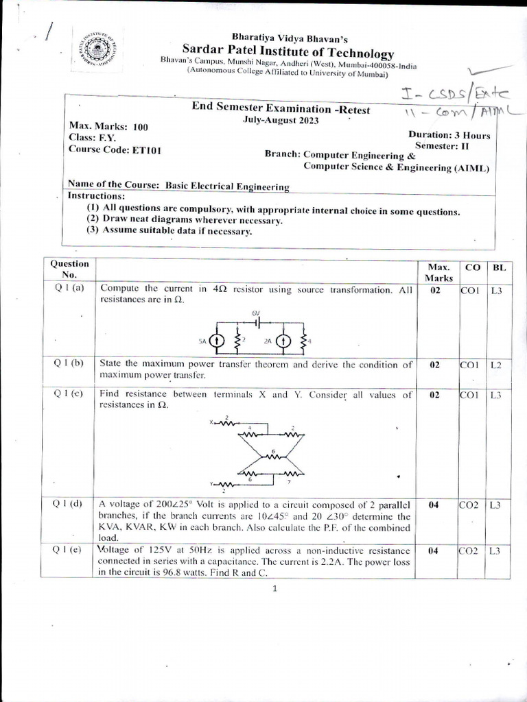 Fy, Sem, 2.ce&cs&aiml. Basic Electrical Engineering | PDF | Transformer | Inductor