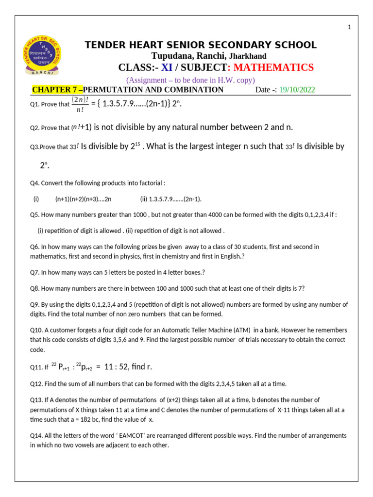 Class 11 Maths Assignment PERMUTATION AND COMBINATION | PDF ...