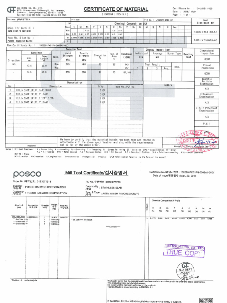 MTC & Inspection Certificate | PDF | Metals | Applied And ...