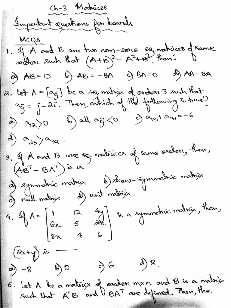 CH 3 Matrices Important Questions For Board | PDF