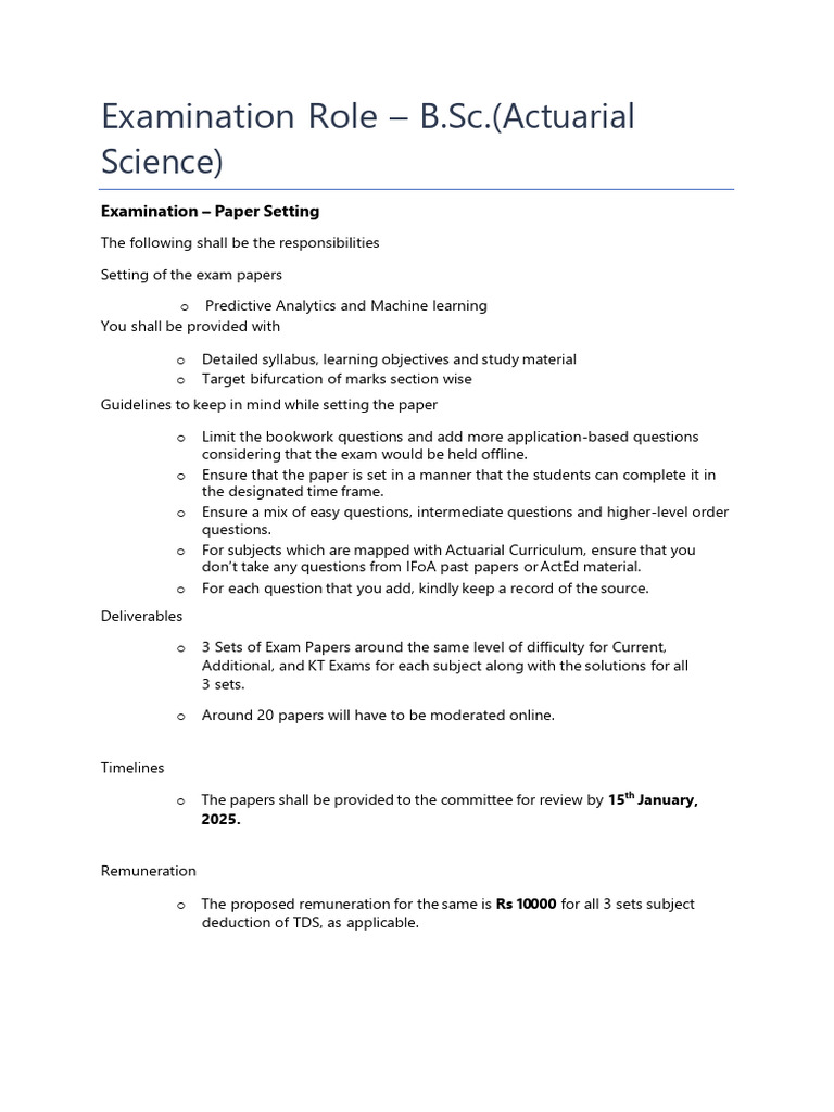 B.Sc. Actuarial Science Exam Paper Guidelines | PDF