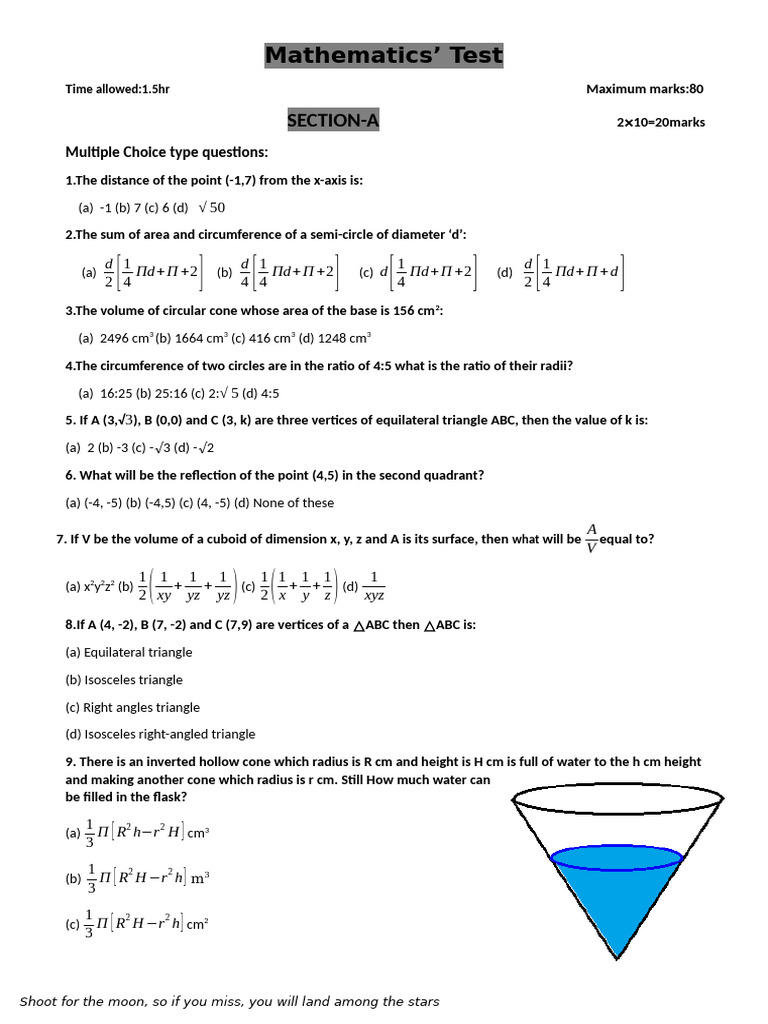 Mathematics Test | PDF | Area | Circle
