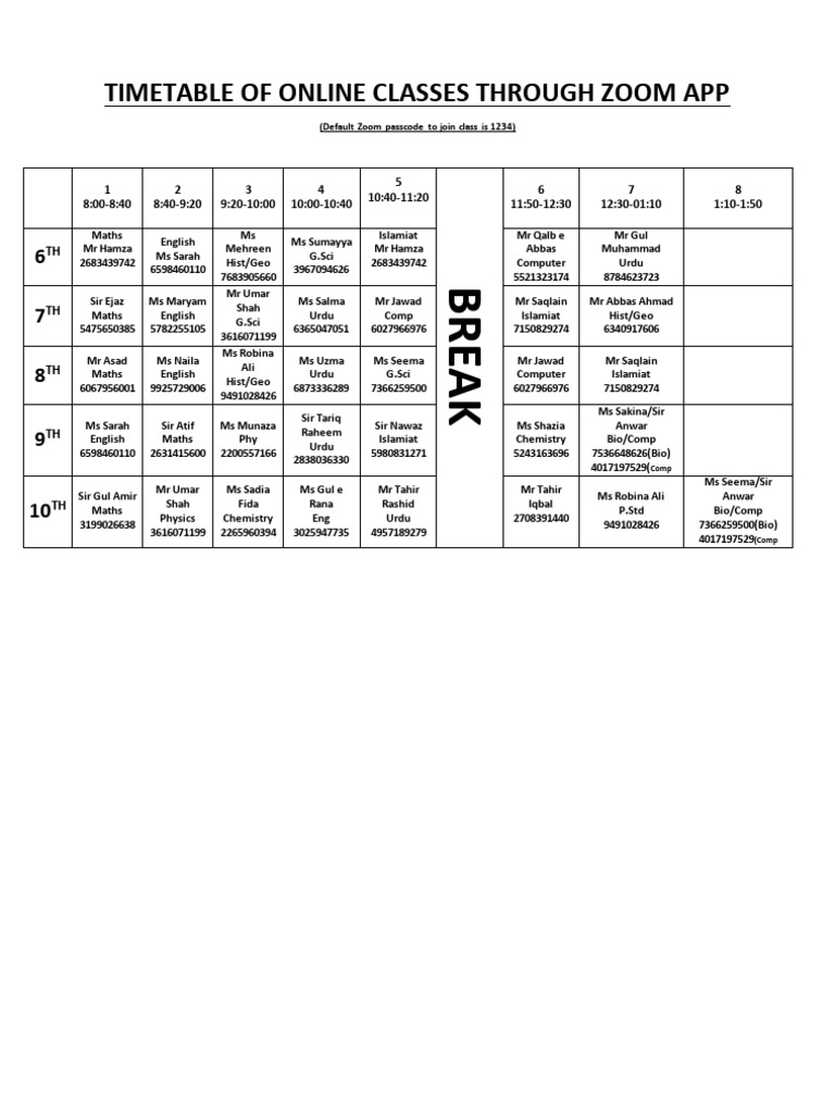 Timetable Zoom Online Classes | PDF