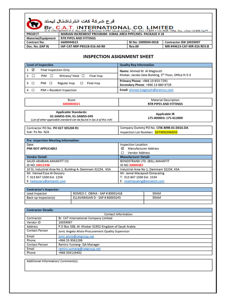 Inspection Assignment Sheet | PDF