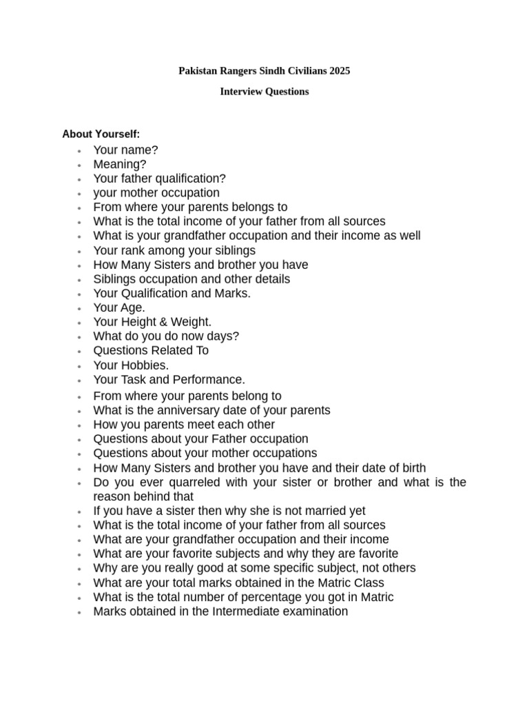 PRS Interview Questions For Civilians 2025 | PDF
