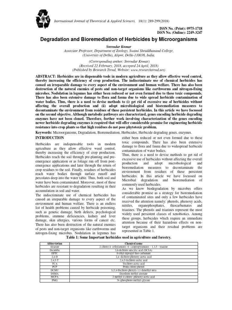 46 Degradation and Bioremediation of Herbicides by Microorganisms DR SURENDER KUMAR | PDF ...
