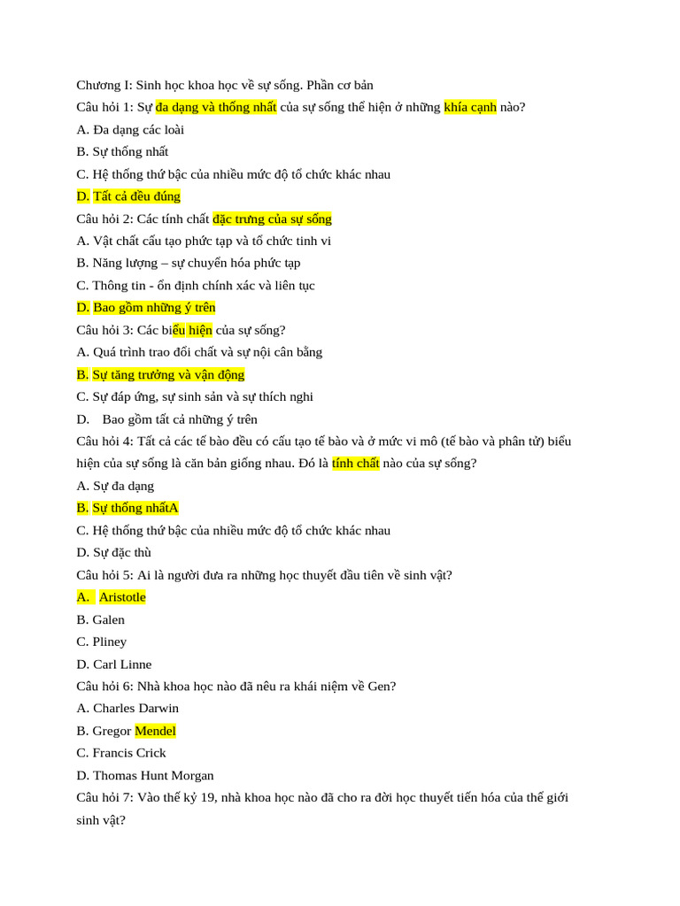 Ngan Hang Cau Hoi Trac Nghiem Sinh Hoc Dai Cuong Co Dap An 261 | PDF