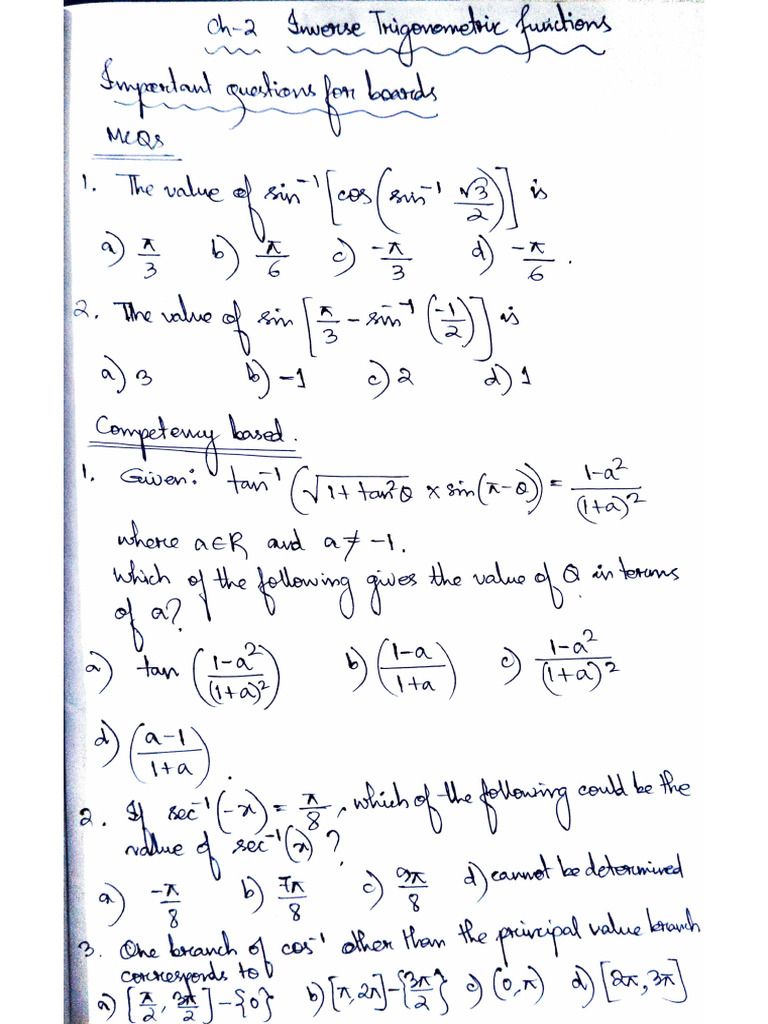 CH 2 Inverse Trigonometric Functions Important Questions For Boards | PDF