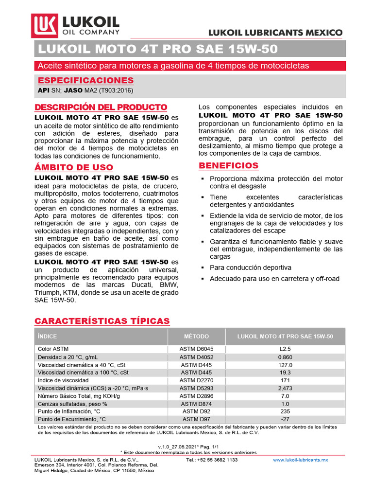 Tds Lukoil Moto 4t Pro Sae 15w-50 v.1.0 Esp(1) | PDF | Motocicleta | Embrague