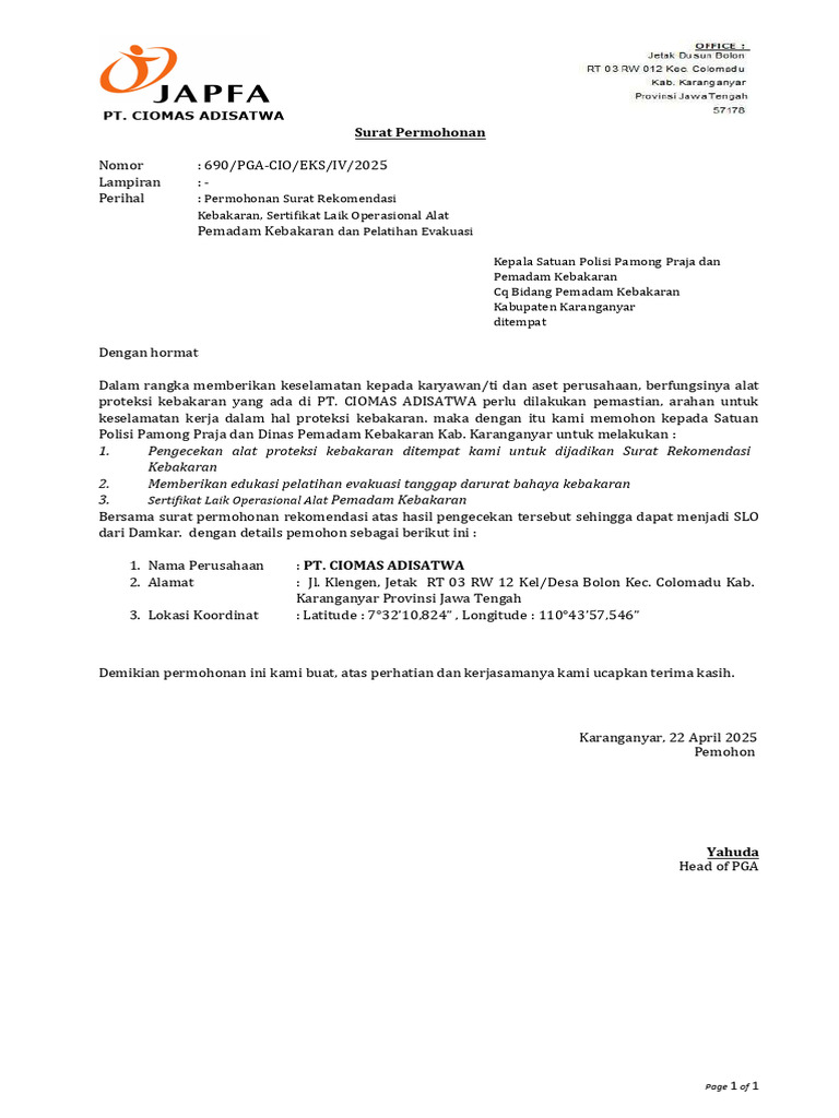 Surat Permohonan Rekomendasi Kebakaran, Sertifikat Laik Dan Pelatihan Evakuasi PT Ciomas Bolon ...