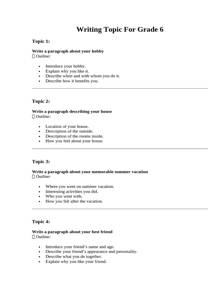 Grade 6 Writing Topics Guide | PDF