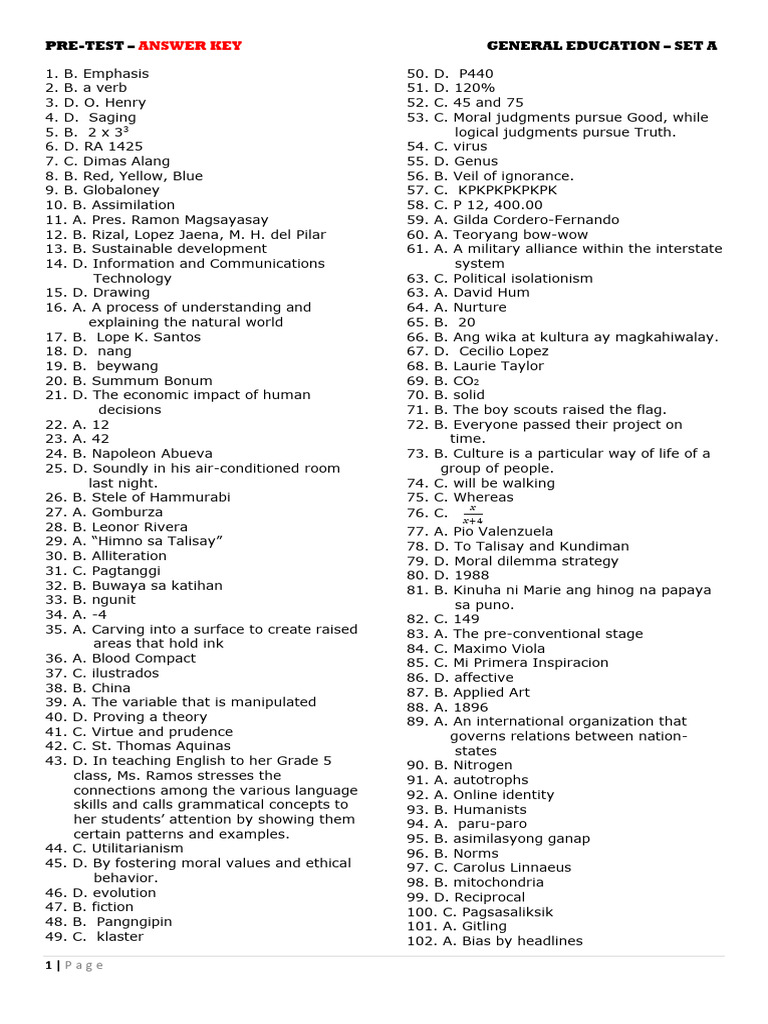 Set A General Education Pretest Sunn 2025 With Answer Key Only | PDF