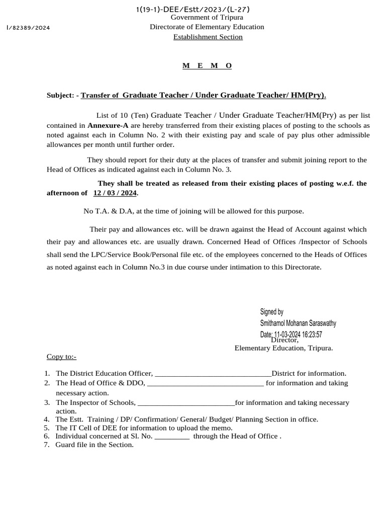 Tripura Teacher Transfer Memo | PDF | Schools