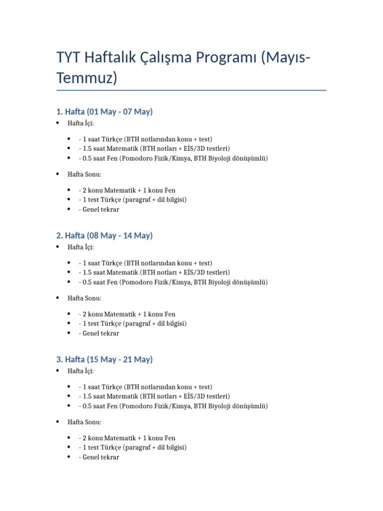 TYT Haftalik Calisma Plani | PDF