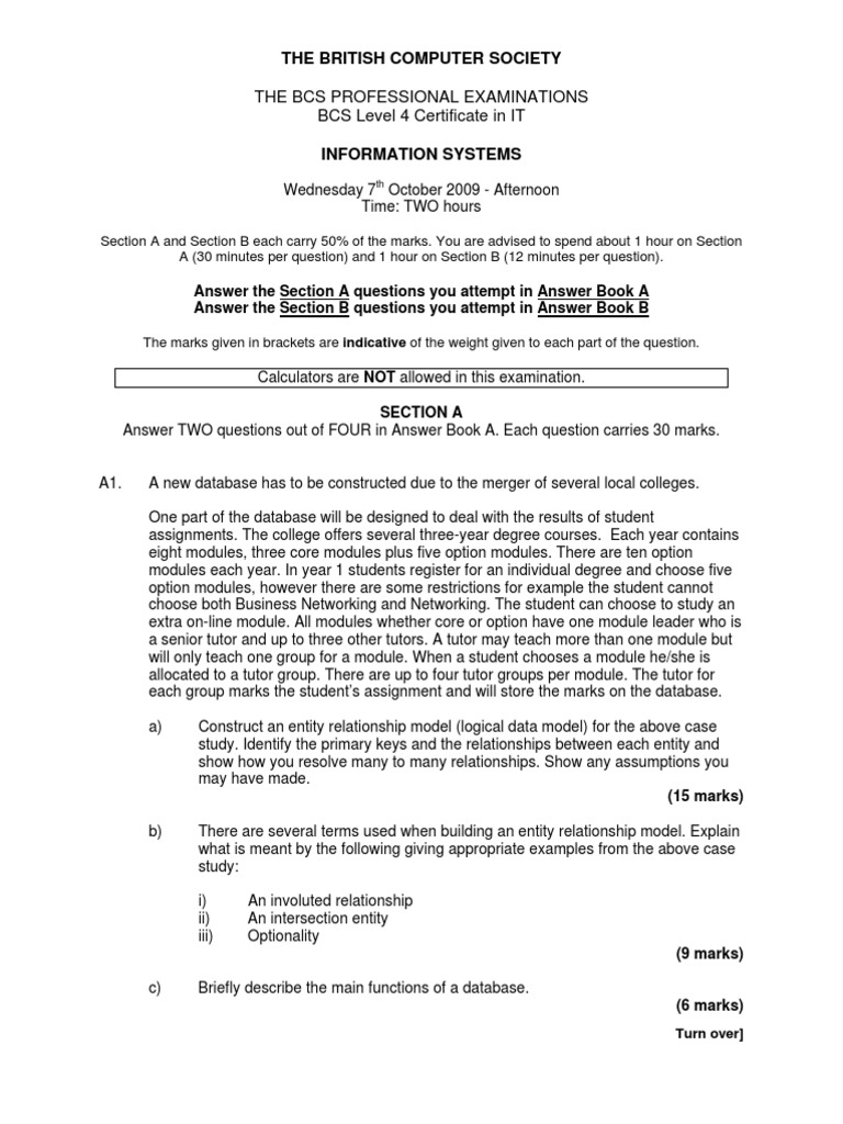 The Bcs Professional Examinations BCS Level 4 Certificate in IT | PDF | Databases | Information ...