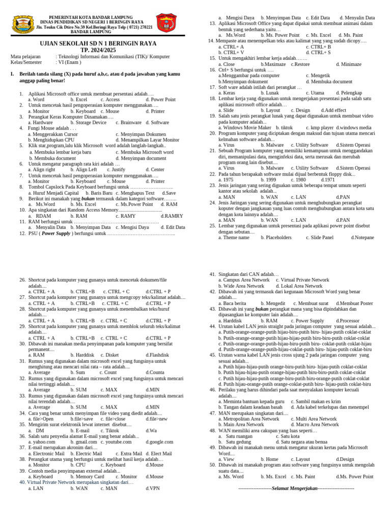 Soal Us Kelas 6 Semester Genap 2024new | PDF
