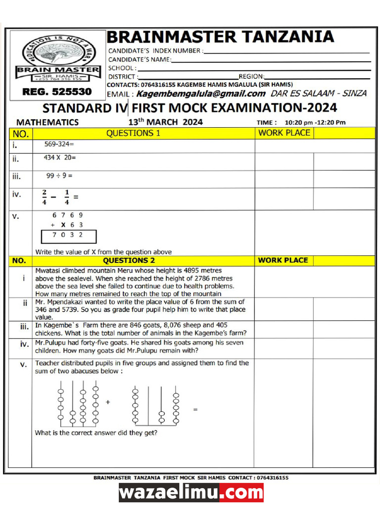 Brainmaster Tanzania?? G4 Math First Mock 2024 | PDF