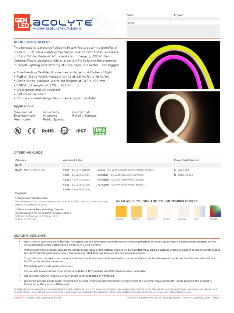 Acolyte_SpecSheet_NeonContourPlus_17APR2025 | PDF | Electrical Engineering | Electricity