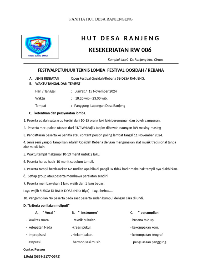 Festival Qosidah/Rebana Desa Ranjeng 2024 | PDF
