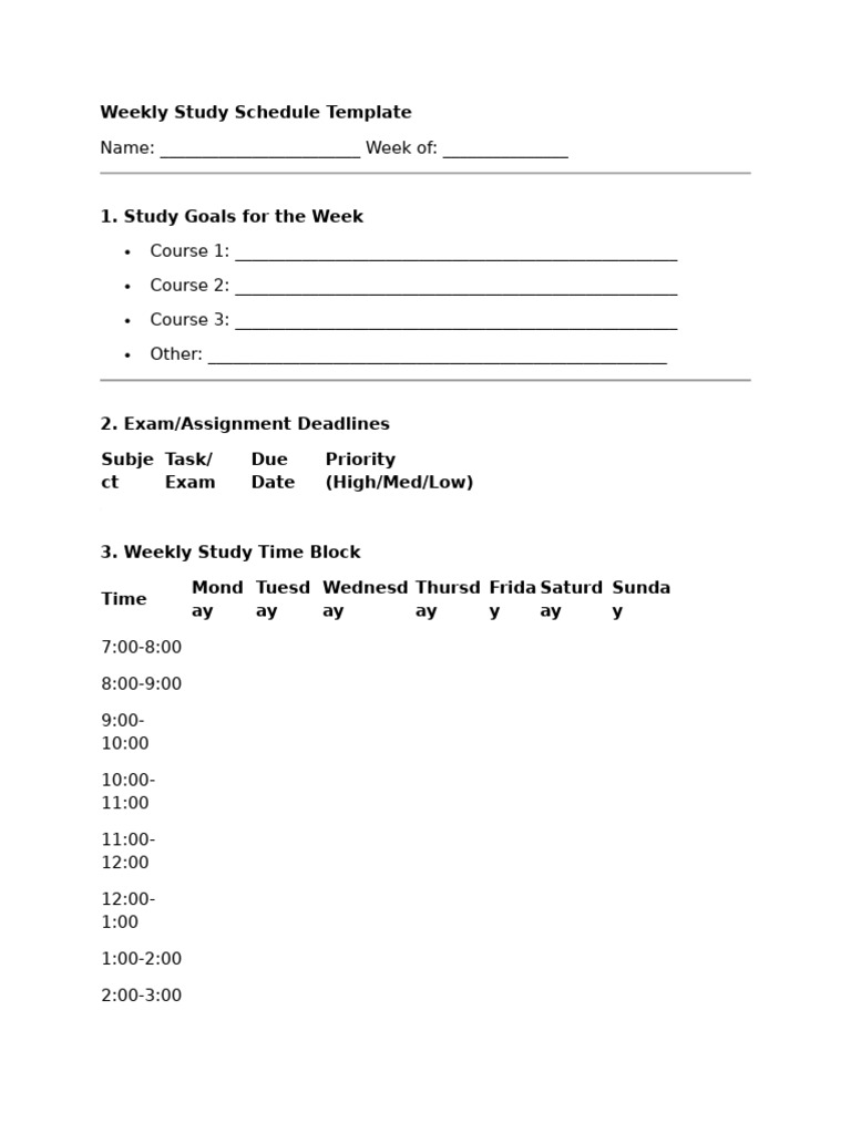 Weekly Study Schedule Template | PDF