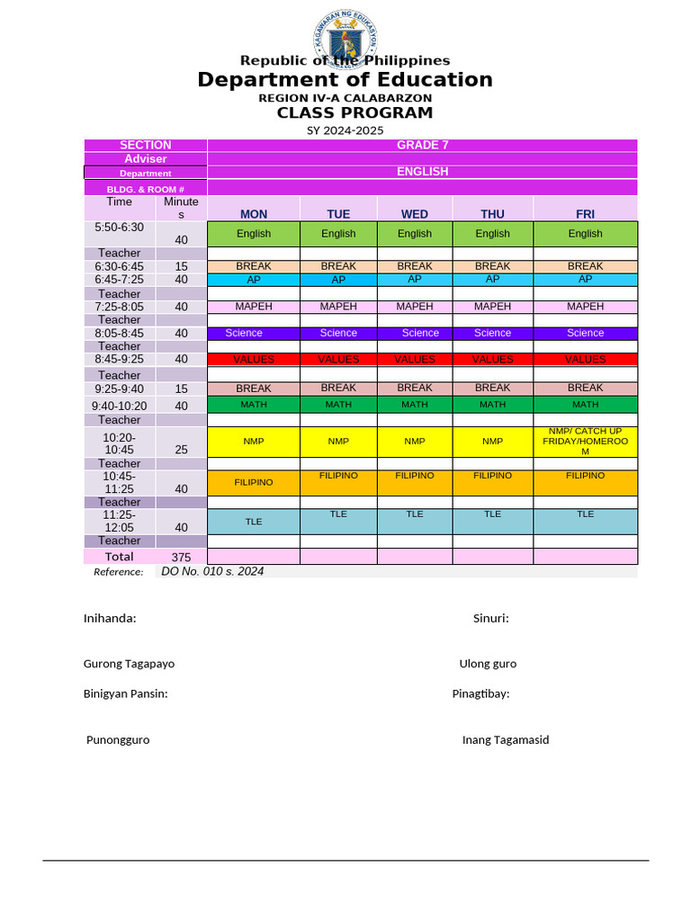 Grade 7 Class Program 2024-2025 | PDF