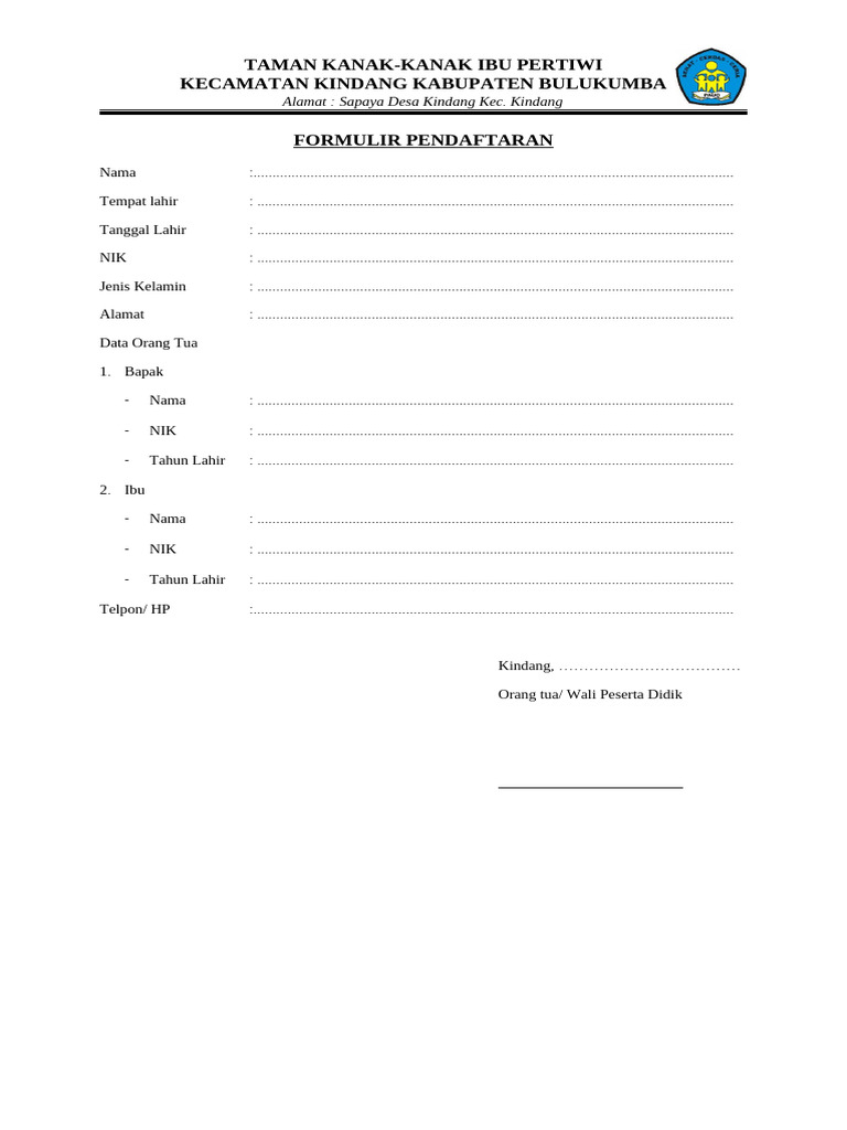 Formulir TK Ibu Pertiwi | PDF