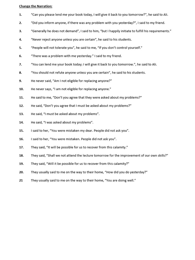 XII Narration Worksheet | PDF