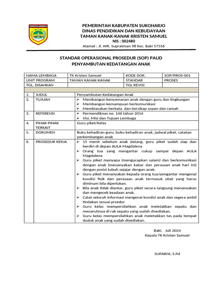 SOP Penyambutan dan Kegiatan PAUD | PDF