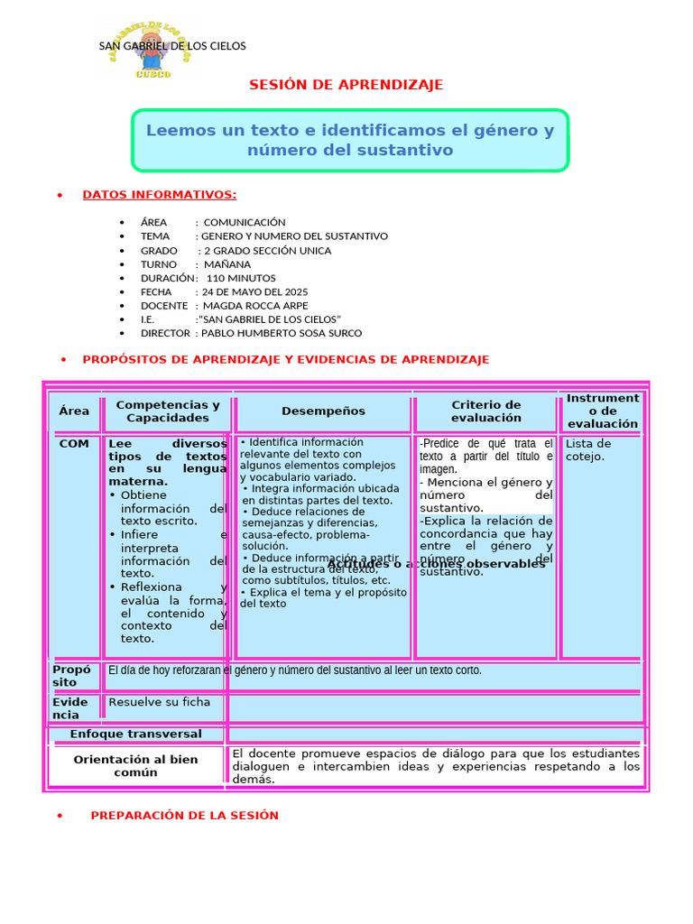 Genero-Y-Numero-Del-Sustantivo-Sesion 23 de Mayo | PDF | Aprendizaje
