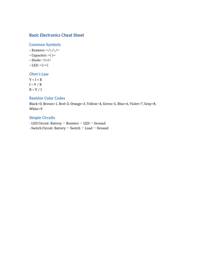 Basic Electronics Cheat Sheet PDF | PDF
