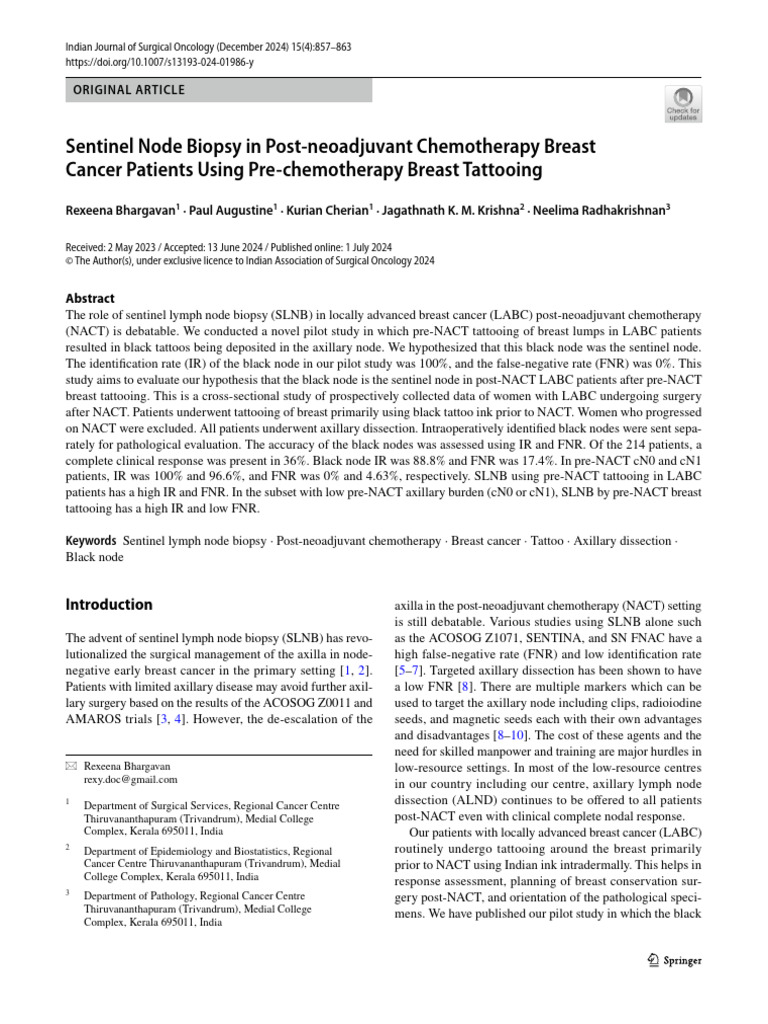 Sentinel Node Biopsy in Tattooed Breast Cancer | PDF | Breast Cancer ...