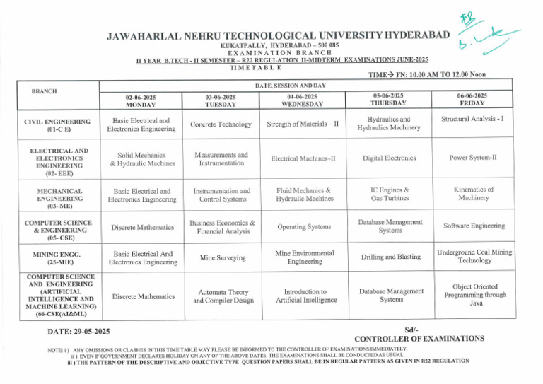 Timetables For BTech II II R22 Mid II Exams June 2025 | PDF