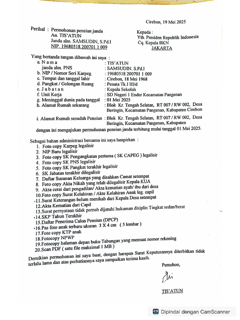 Surat Permohonan Pensiun Janda Alm Samsudin | PDF