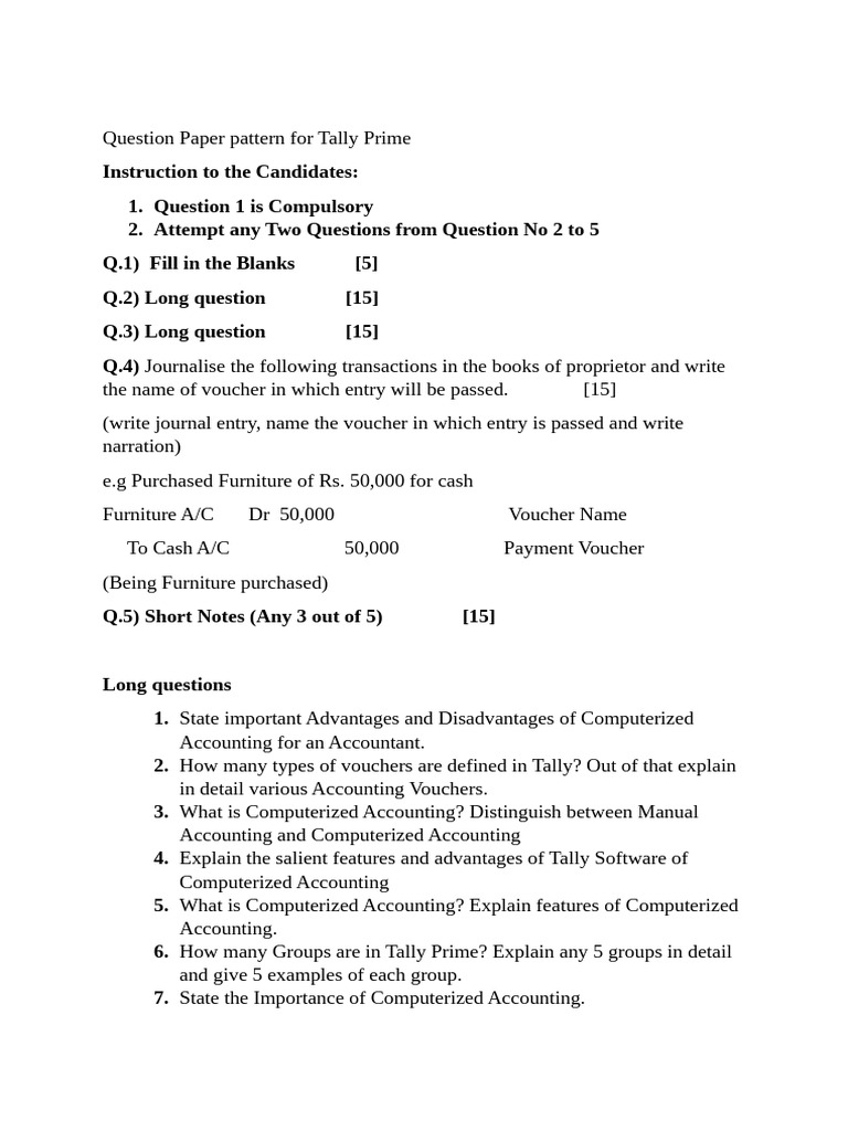 Question Bank for Tally Prime | PDF
