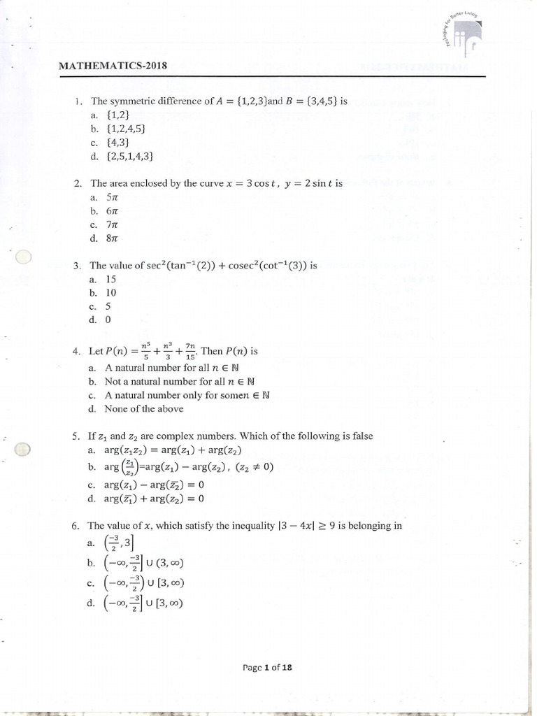 Question Bank For Entrance Exam 2018 | PDF