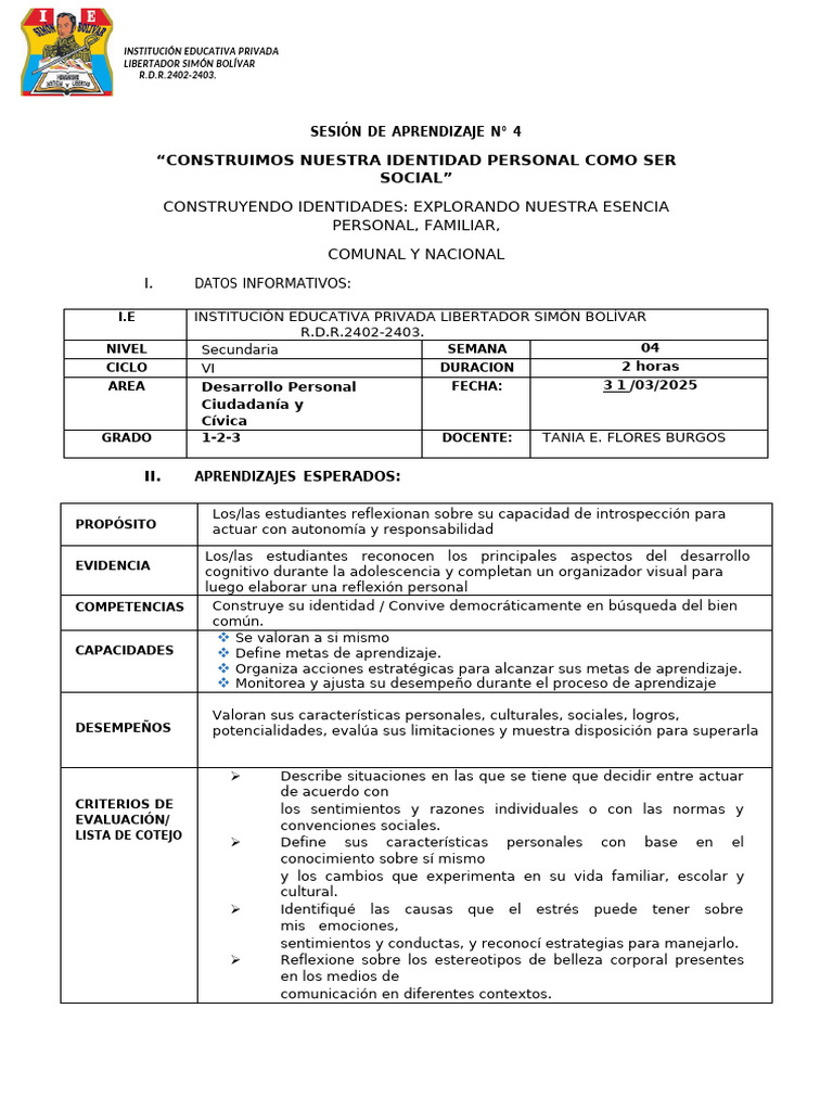 SESIÓN DE APRENDIZAJE DPC CONSTRUYENDO IDENTIDADES Semana 4 | PDF | Aprendizaje | Las emociones