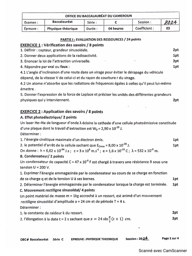Physique Théorique Bac C 2024 | PDF